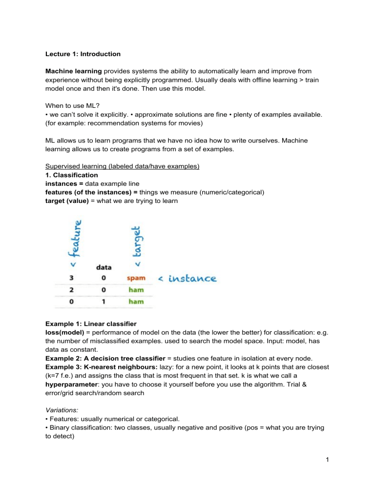 Machine Learning Lecture Notes: Introduction & Methods