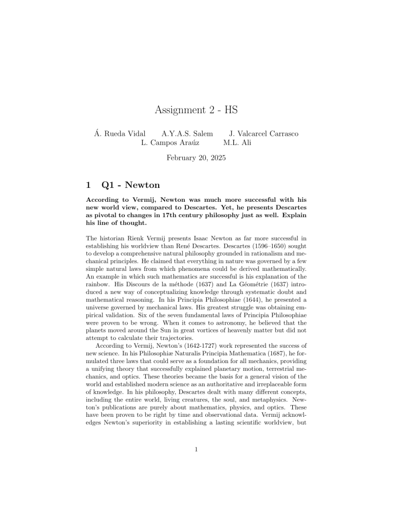 Newton, Descartes & Scientific Revolution: History of Science Assignment