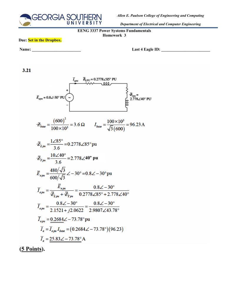 EENG 3337 Power Systems Fundamentals Homework 3 - Georgia Southern