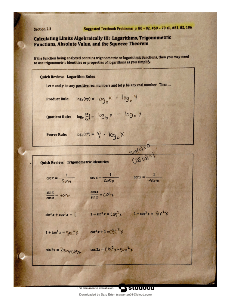 Calculating Limits: Logarithms, Trigonometry & Squeeze Theorem Review