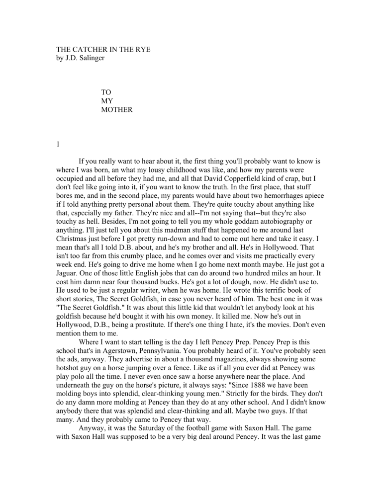 The Catcher in the Rye by J.D. Salinger - Chapter 1 Excerpt