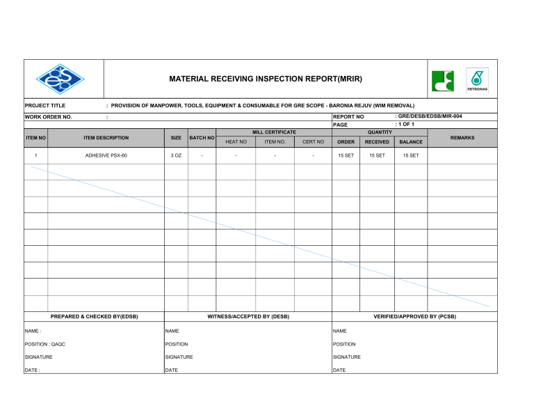 Material Receiving Inspection Report & PSX 60 Part A Safety Data Sheet