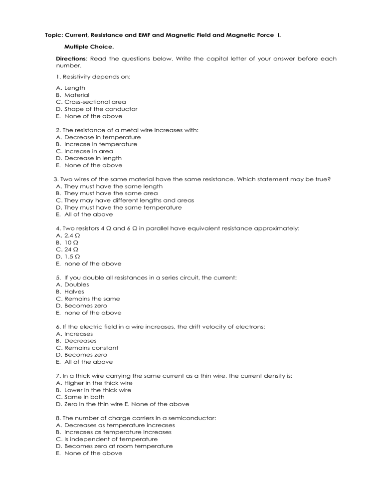 Physics Quiz: Current, Resistance, EMF, Magnetic Fields & Force