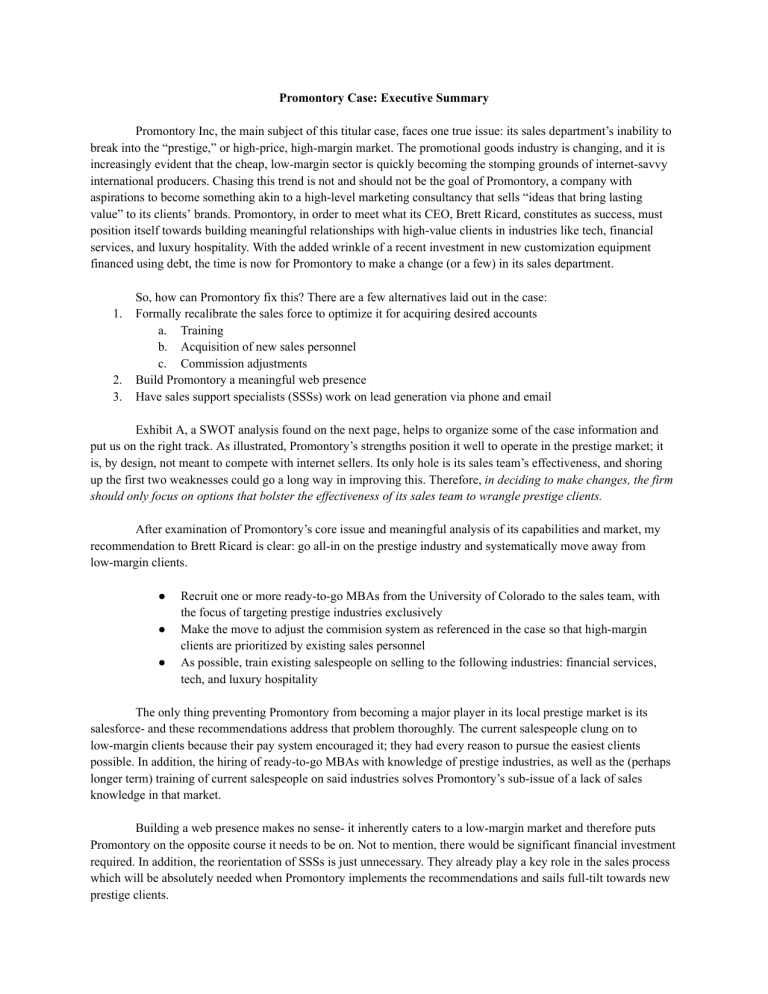 Promontory Case: Executive Summary | Sales Strategy & Prestige Market