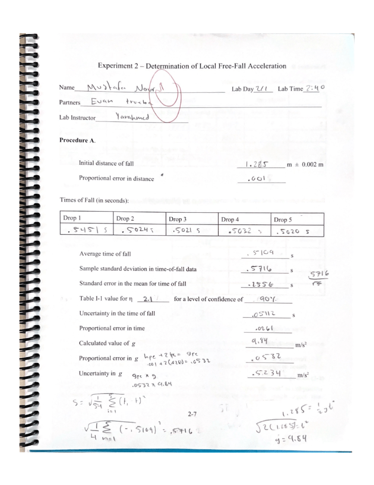 Physics Lab Report: Determination of Free-Fall Acceleration (g)