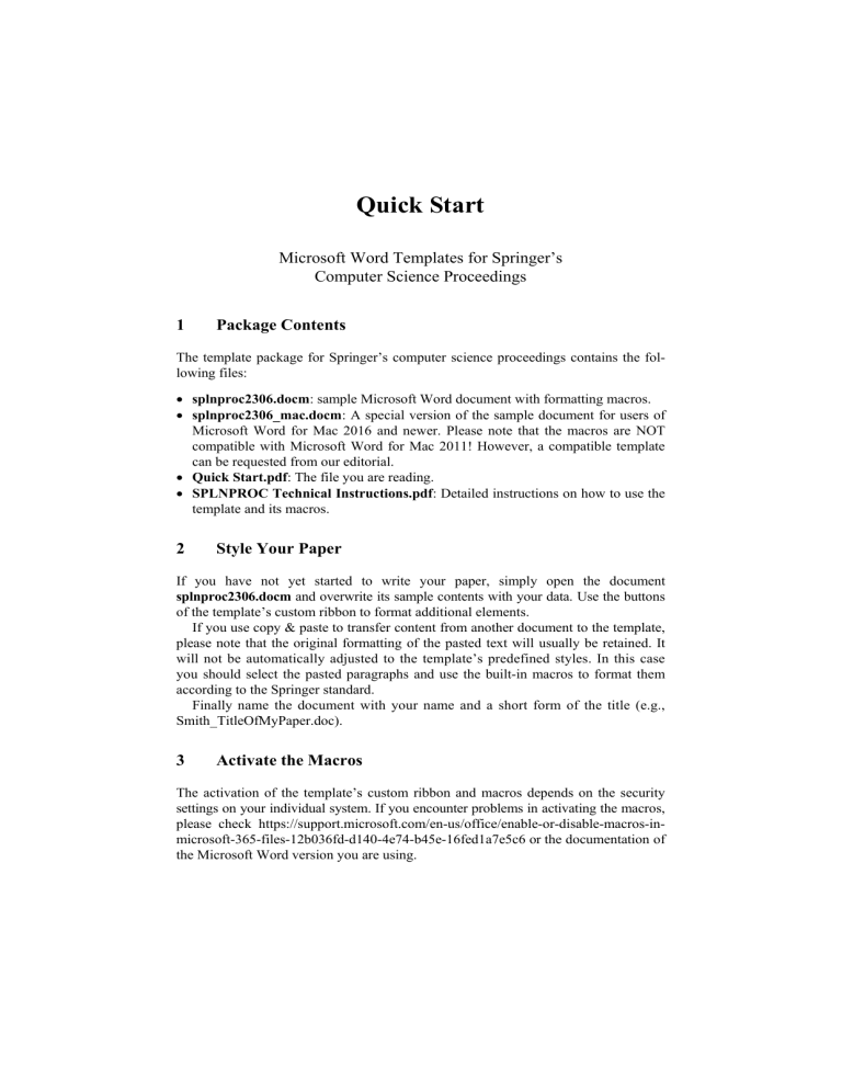Quick Start Guide: Springer Computer Science Proceedings Word Templates