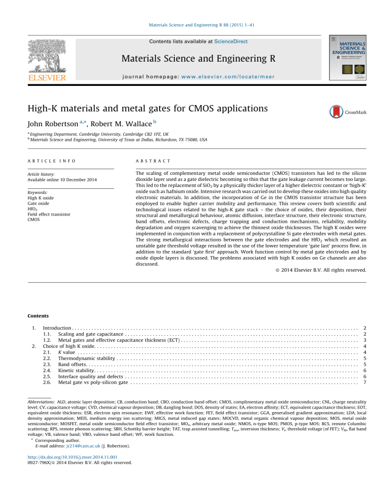 High-K Materials & Metal Gates for CMOS Applications: A Review