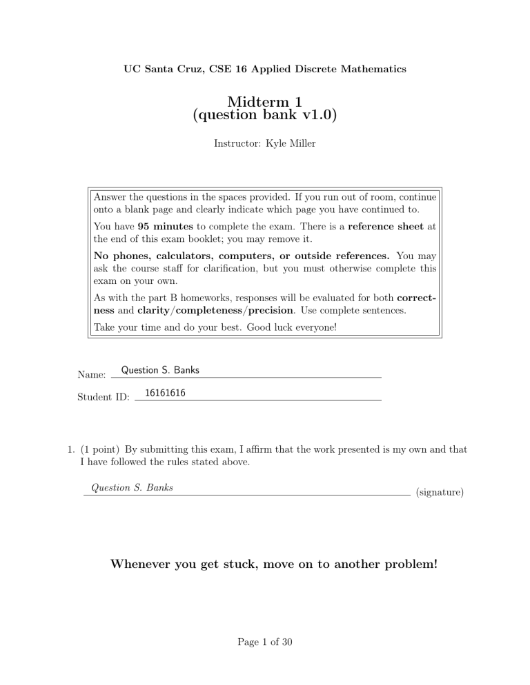 Discrete Math Midterm 1 Question Bank - UC Santa Cruz