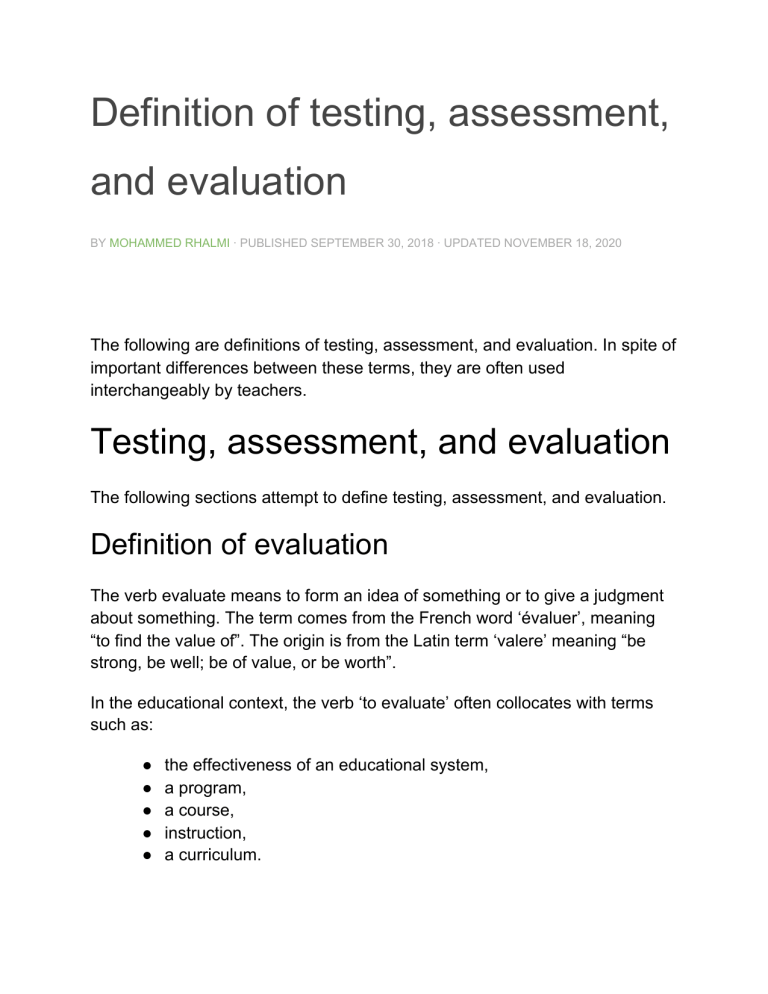 Testing, Assessment, and Evaluation: Definitions & Types