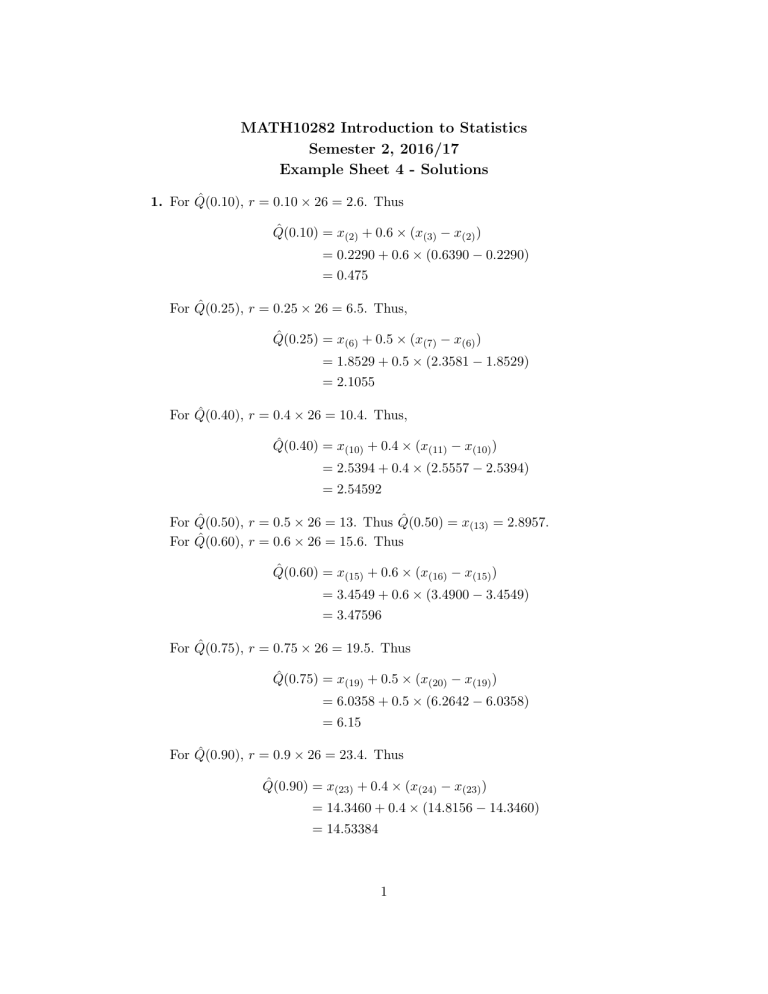 MATH10282 Statistics Example Sheet 4 Solutions - Quantiles & Box Plots