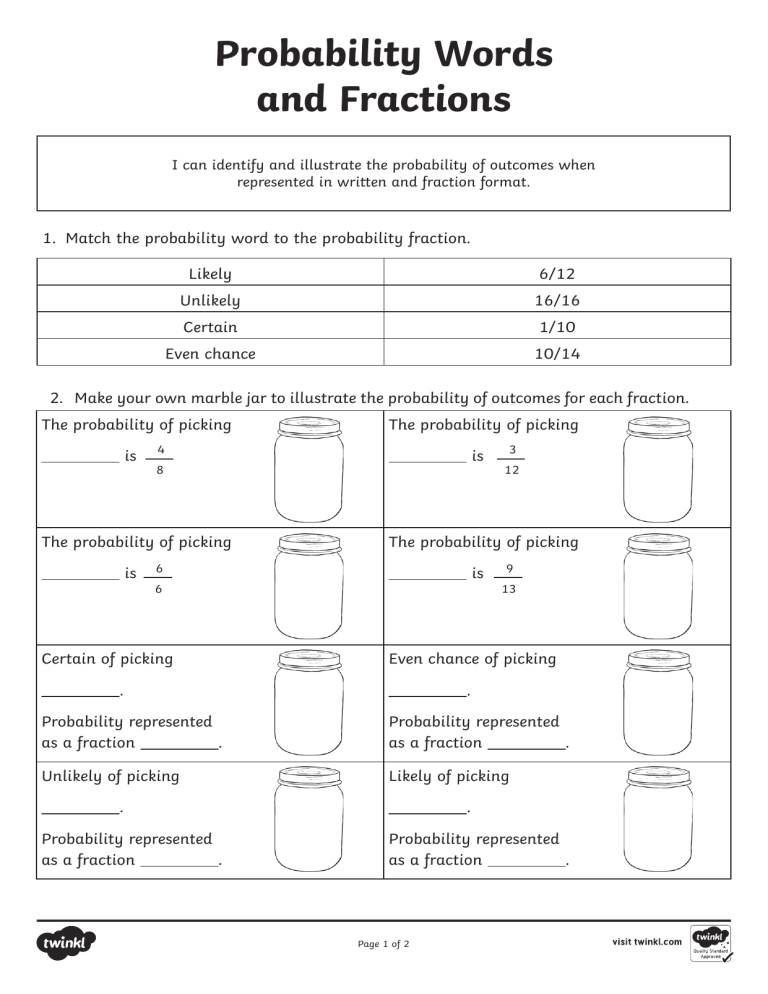 Probability Words and Fractions Worksheet