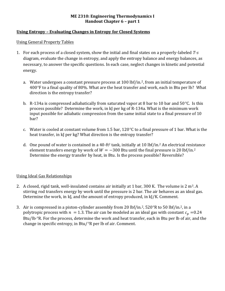Entropy Changes in Closed Systems: Thermodynamics Handout