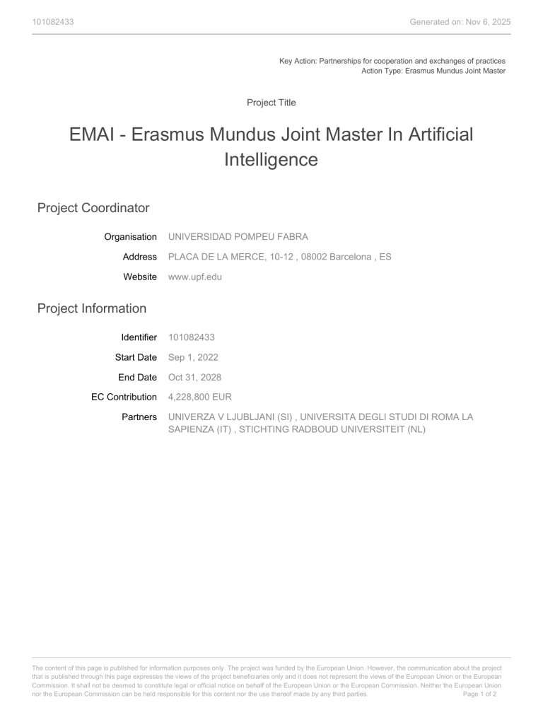 EMAI Erasmus Mundus Joint Master in AI: Program Details & Partners