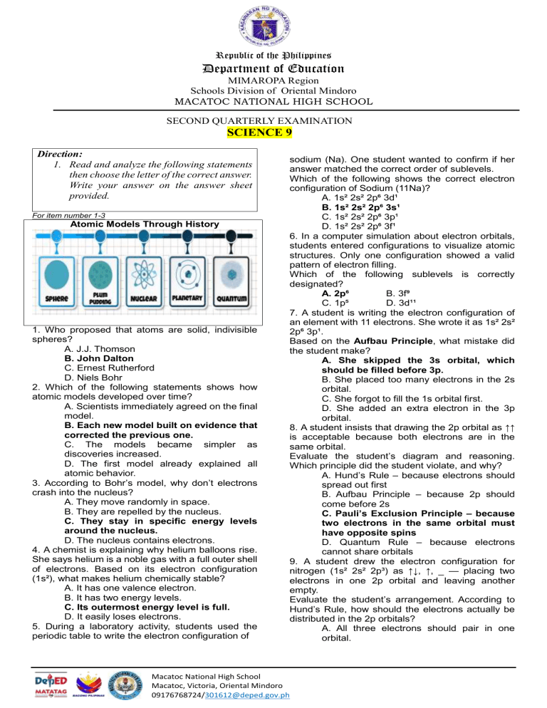 Science 9 Second Quarterly Exam: Atomic Structure & Chemical Bonding