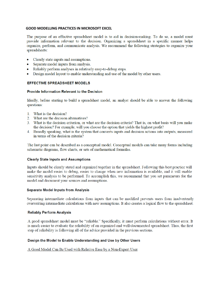 Good Modelling Practices in Microsoft Excel: Effective Spreadsheets