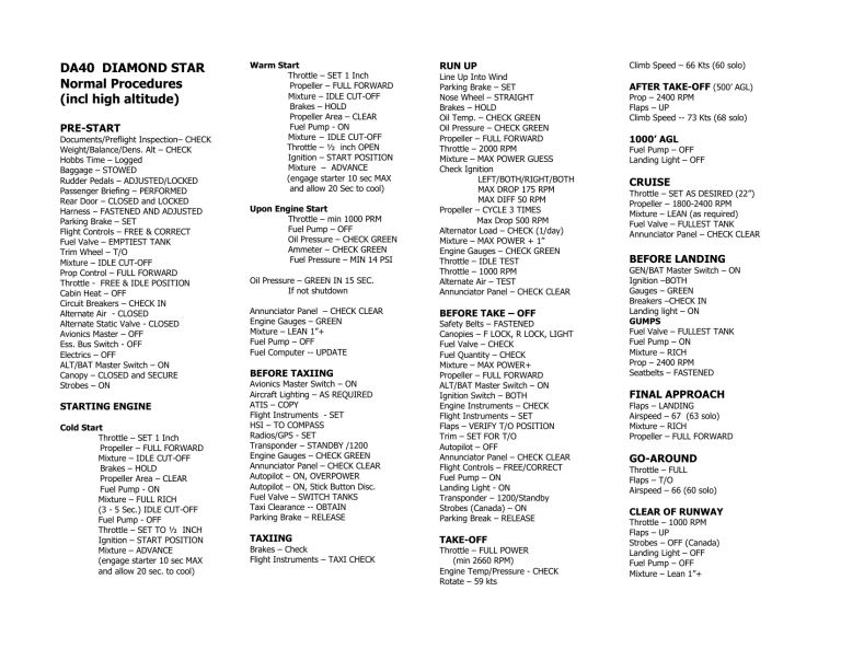 DA40 Diamond Star Normal Procedures Checklist | Flight Operations