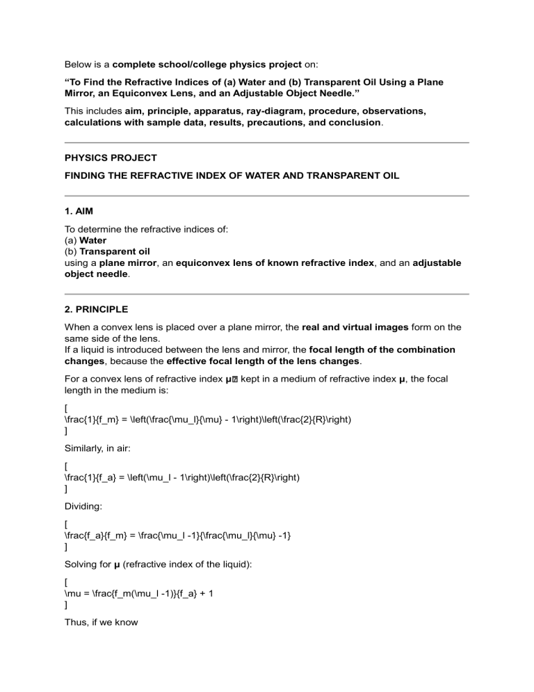 Refractive Index of Water & Oil: Physics Project