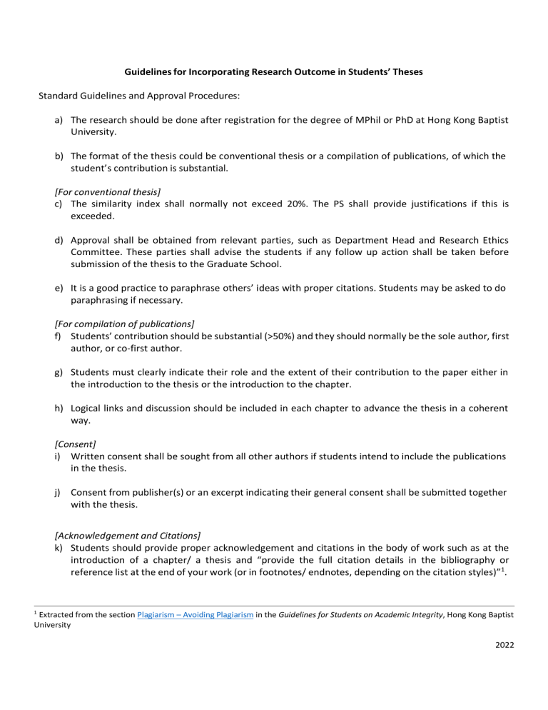 HKBU Thesis Guidelines: Incorporating Research Outcomes (MPhil/PhD)
