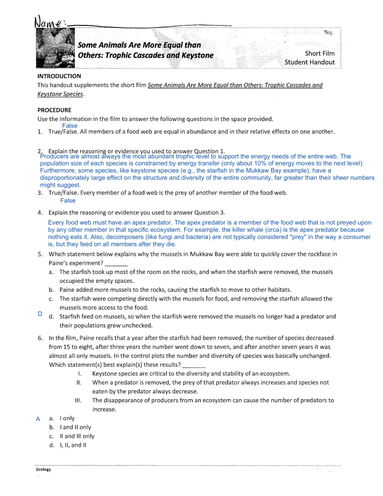 Trophic Cascades & Keystone Species: Ecology Student Handout