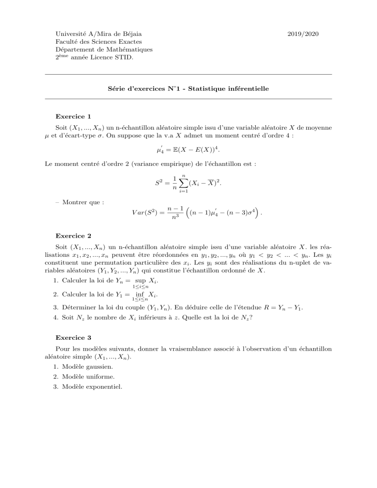 Feuille d'exercices de statistique inférentielle