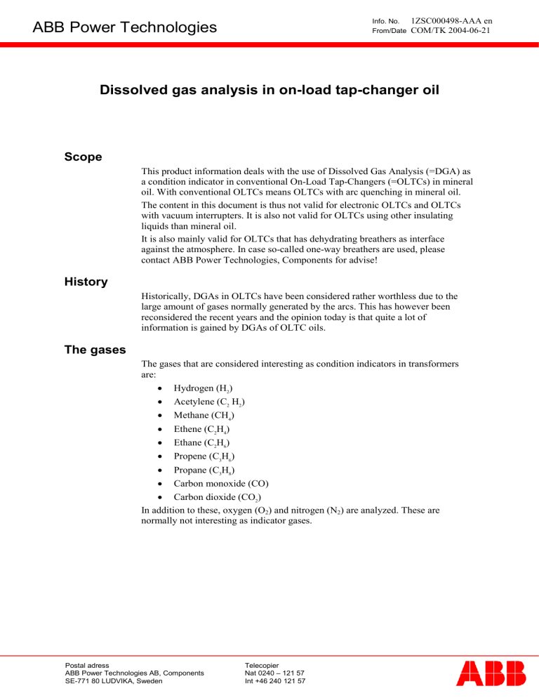 DGA in OLTC Oil: Condition Monitoring Guide by ABB Power Technologies