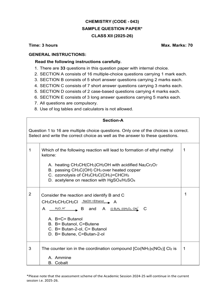 Chemistry Class 12 Sample Question Paper 2025-26 (Code 043)