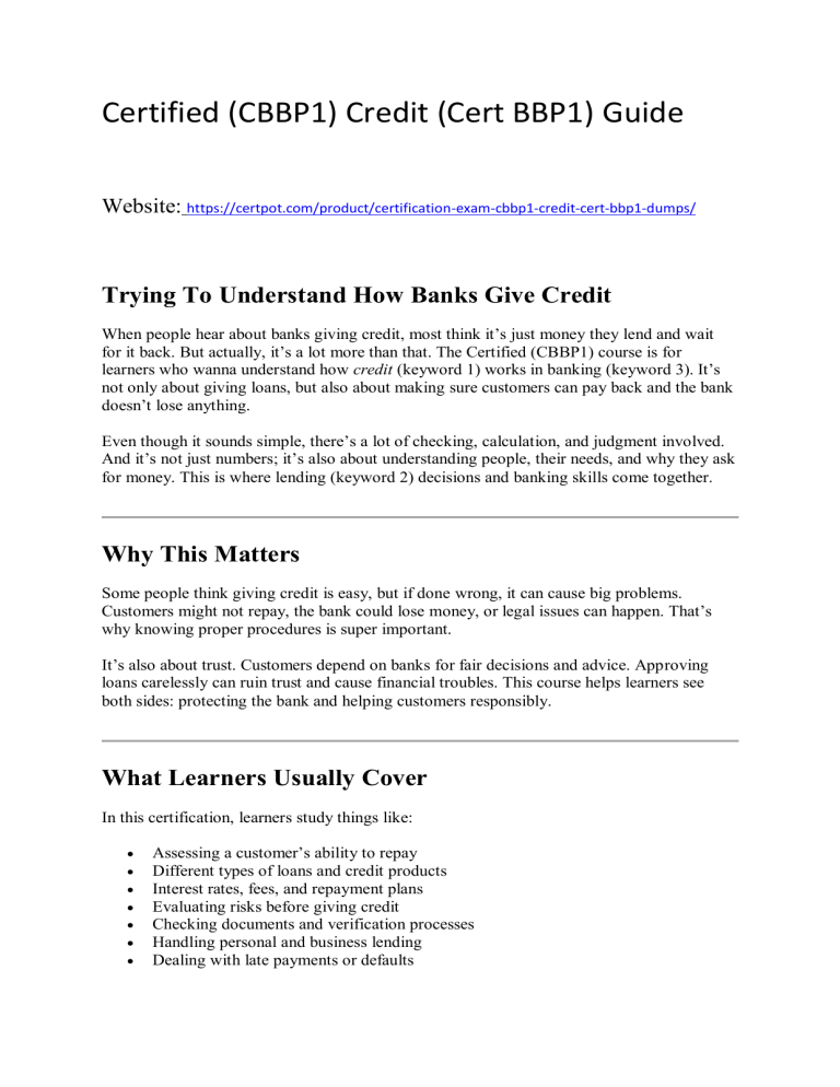 CBBP1 Credit Certification Guide: Understanding Bank Lending