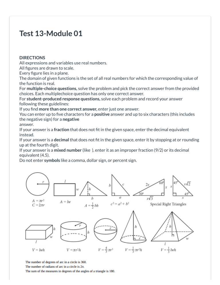 High School Math Test 13-Module 01: Algebra, Geometry, Functions
