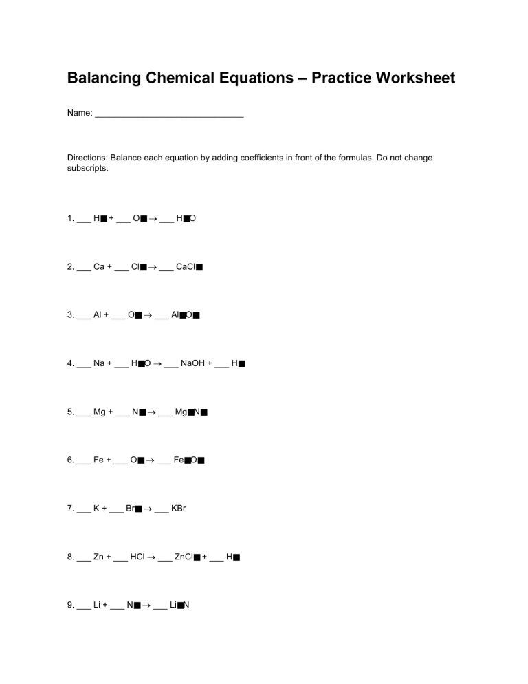 Balancing Chemical Equations Practice Worksheet for Chemistry