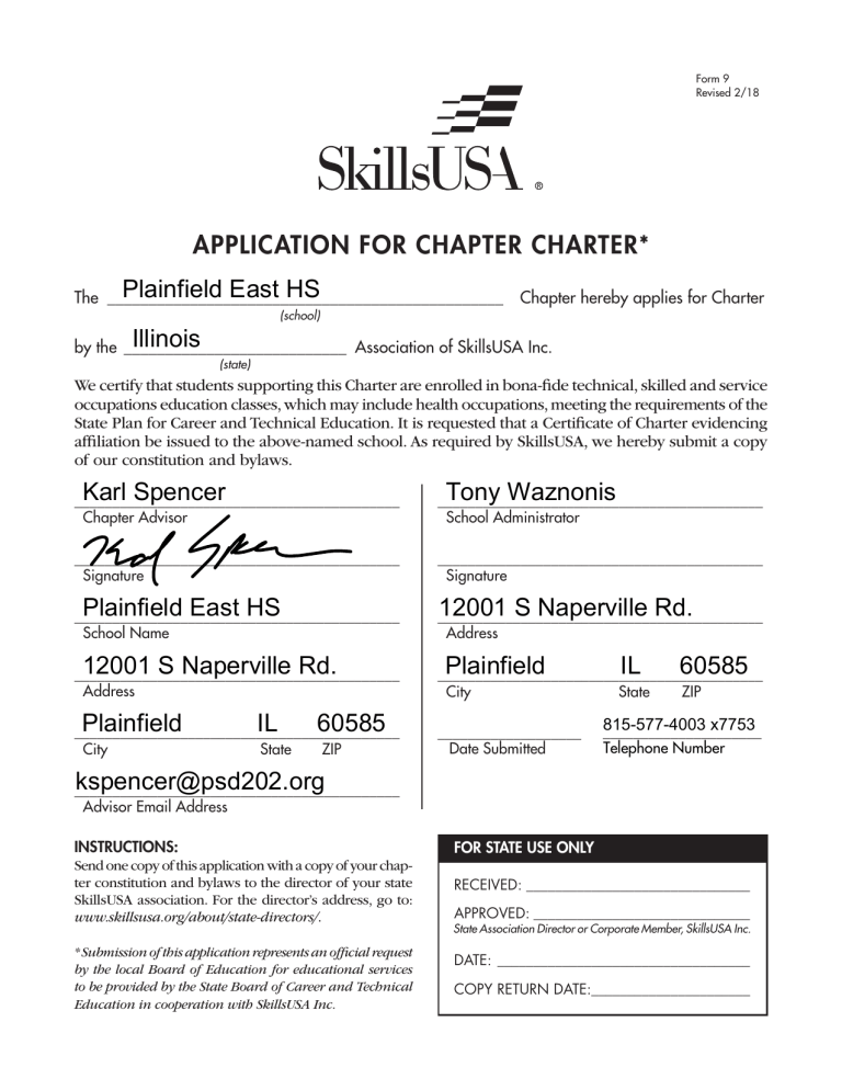 SkillsUSA Chapter Charter Application - Plainfield East HS