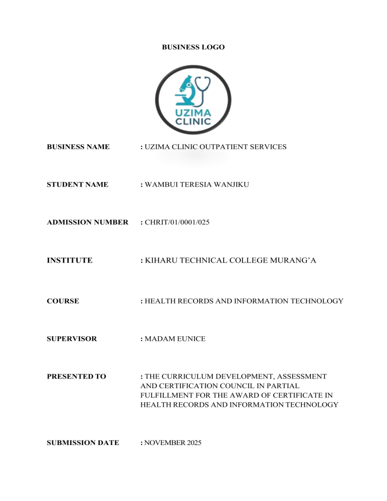 Uzima Clinic Outpatient Services Business Plan - Health Records Project