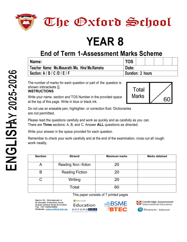 Year 8 English Assessment Marks Scheme - Term 1