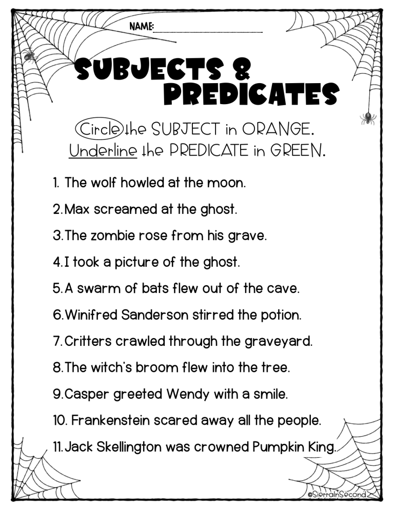 Subjects & Predicates Grammar Worksheet | Halloween Theme