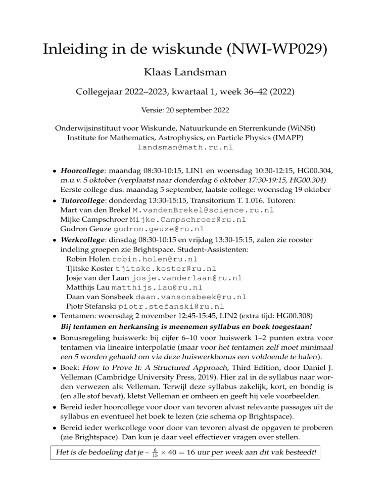Inleiding in de wiskunde Syllabus - Radboud Universiteit