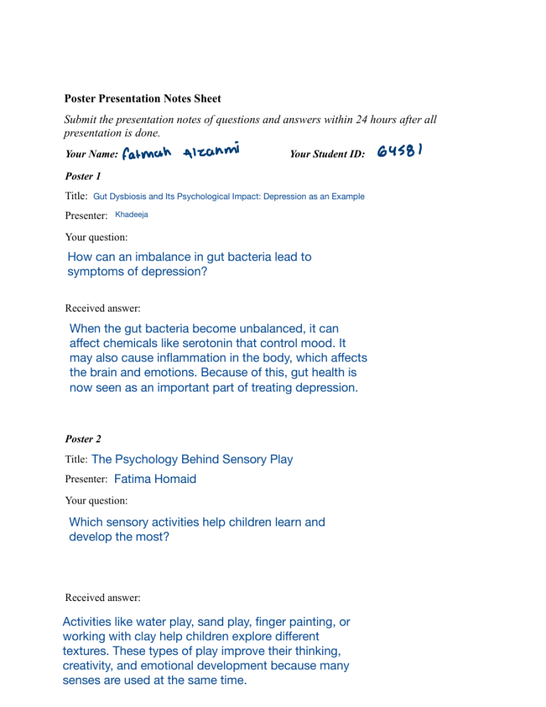Poster Presentation Notes: Psychology Q&A & Academic Reflection