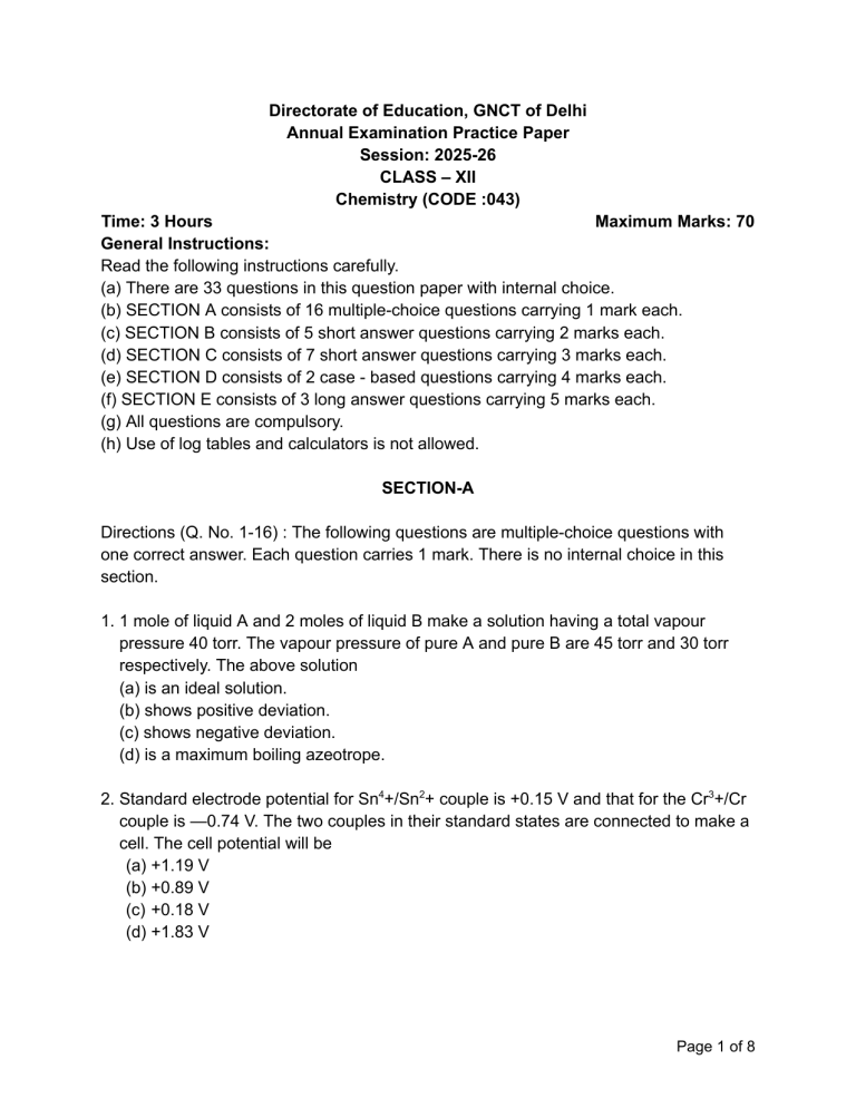 Class XII Chemistry Practice Paper 2025-26