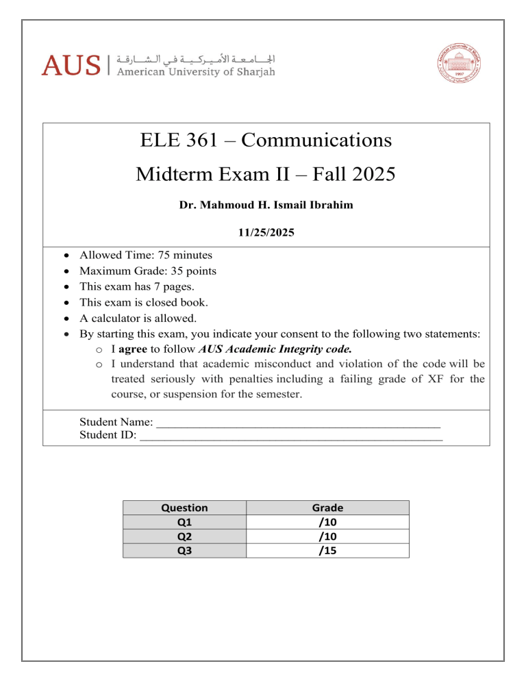 ELE 361 Communications Midterm Exam II - Fall 2025 | AUS