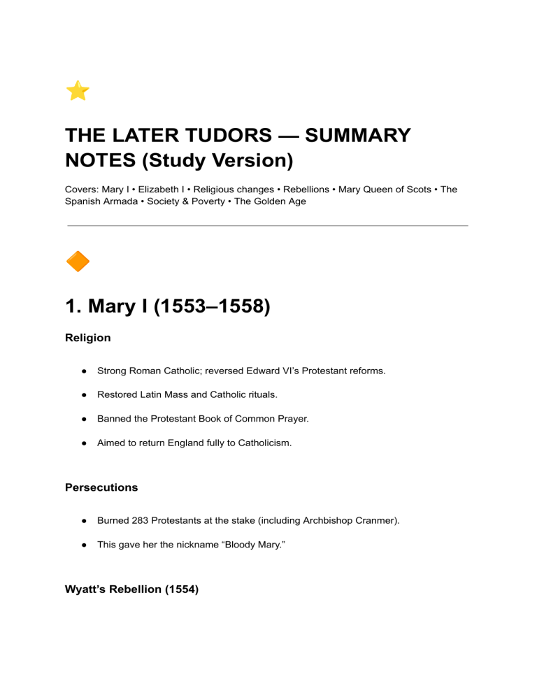 The Later Tudors Study Guide: Mary I, Elizabeth I, Spanish Armada Summary