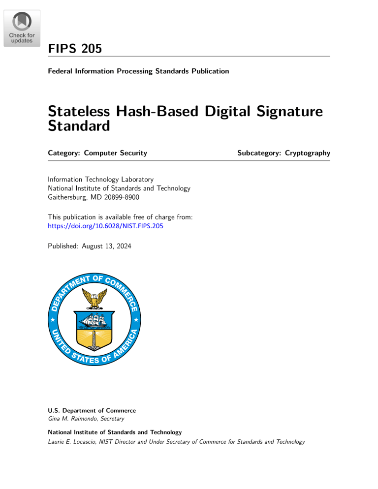 FIPS 205: Stateless Hash-Based Digital Signature Standard