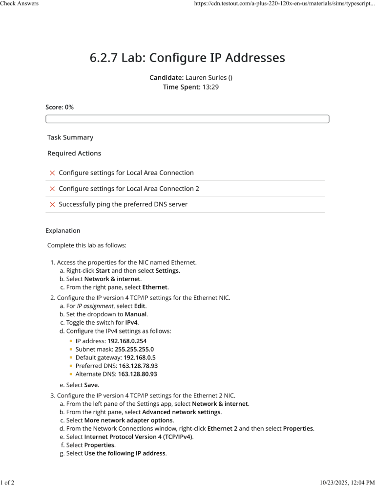 Configure IP Addresses Lab: Ethernet & DNS Settings