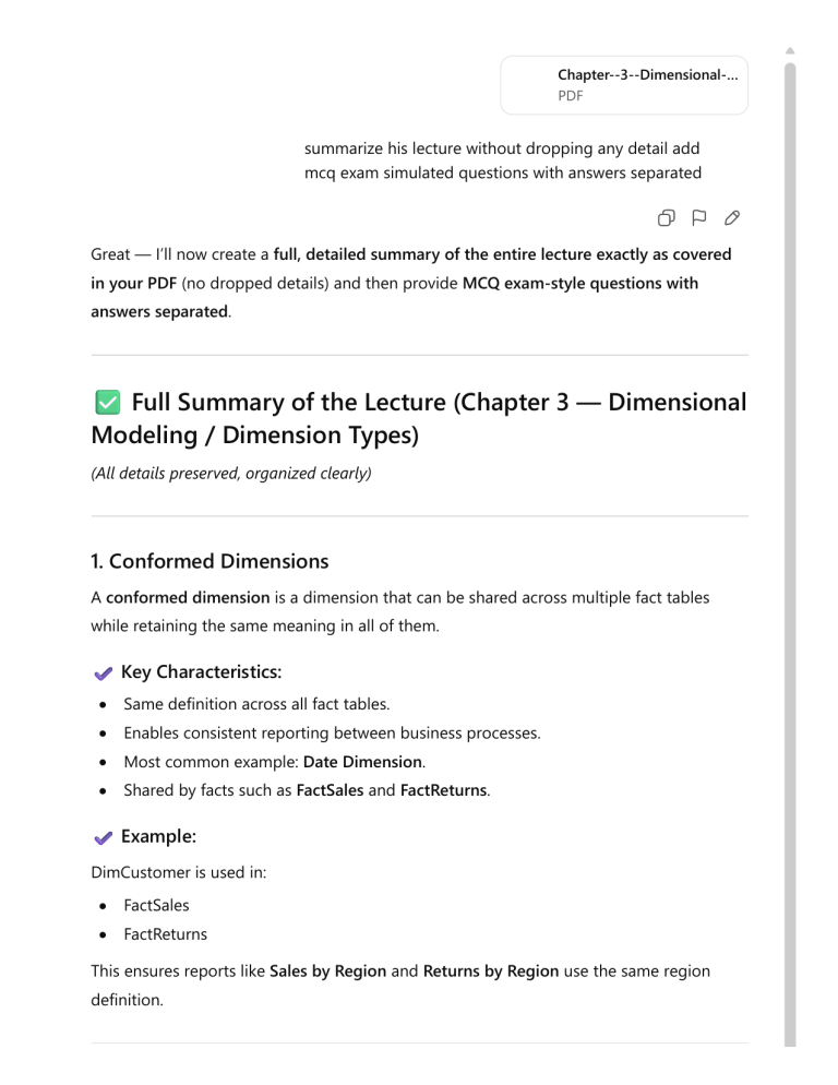 Dimensional Modeling: Lecture Summary & MCQ Exam Questions