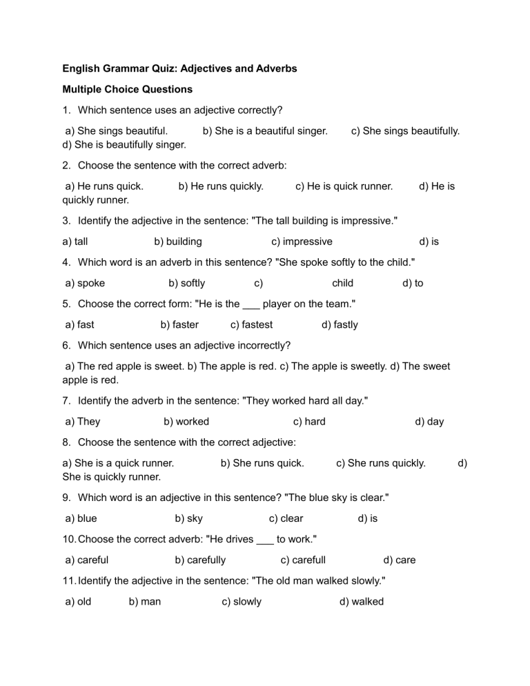 Adjectives and Adverbs Grammar Quiz
