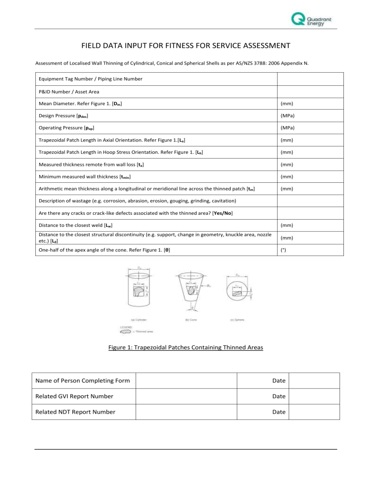 Fitness for Service Assessment: Localised Wall Thinning Data Input Form