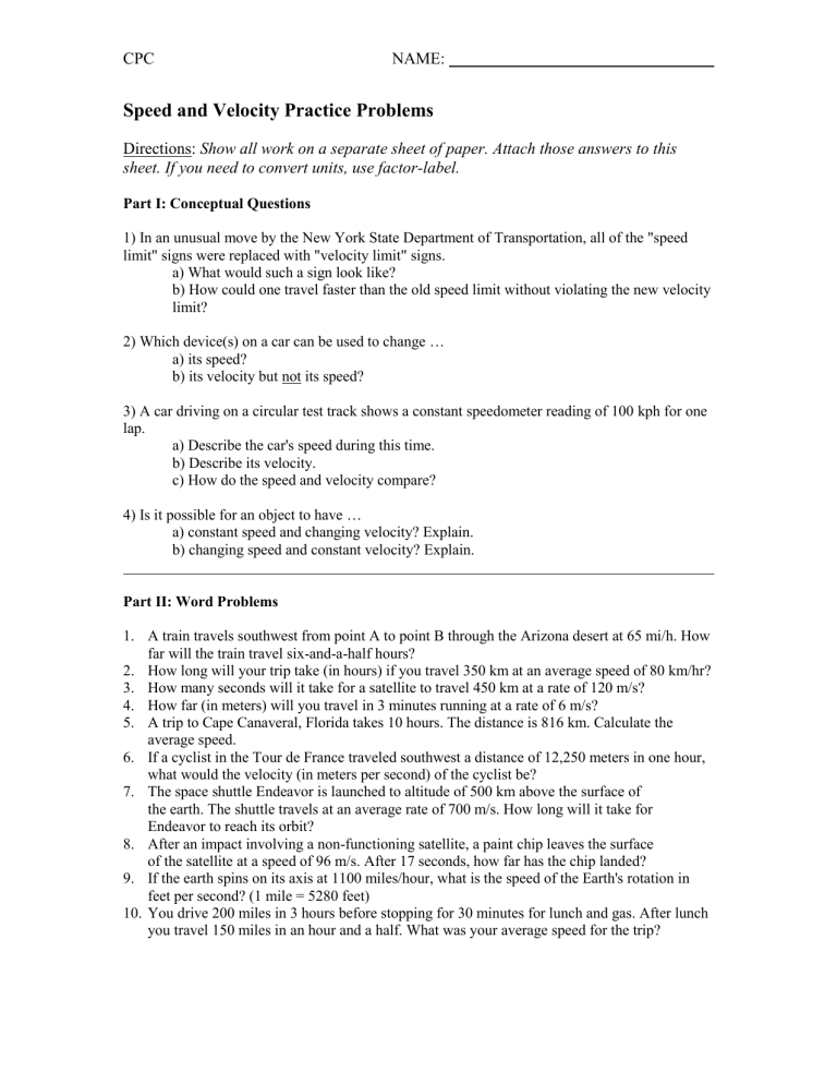 Speed and Velocity Practice Problems Worksheet