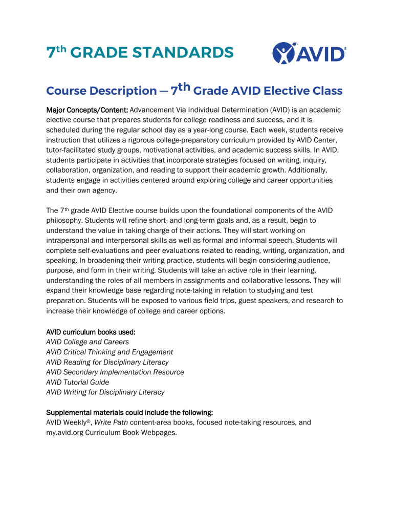 7th Grade AVID Elective Class Standards & Course Description