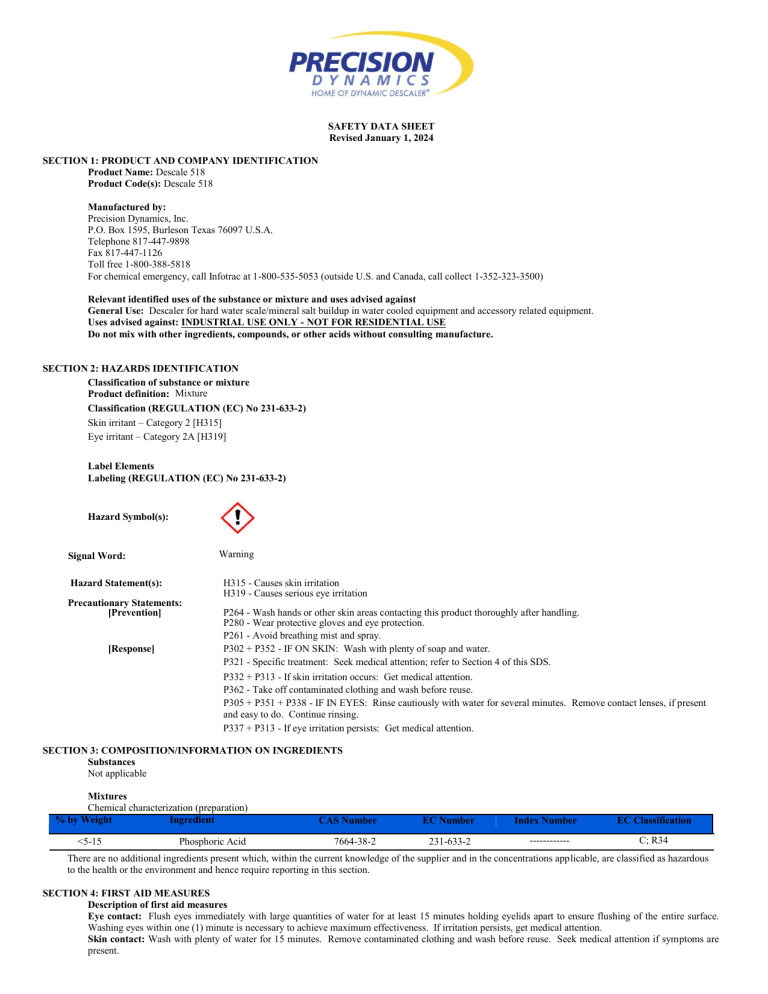 Descale 518 Safety Data Sheet (SDS) - Chemical Hazards & Handling