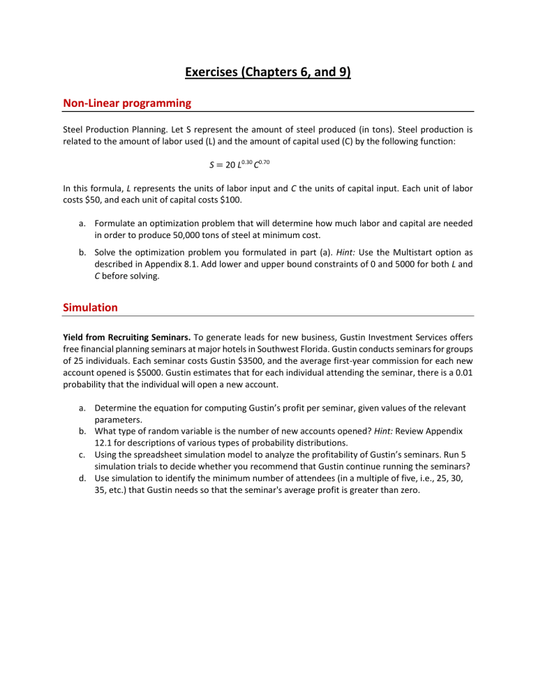 Non-Linear Programming & Simulation Exercises