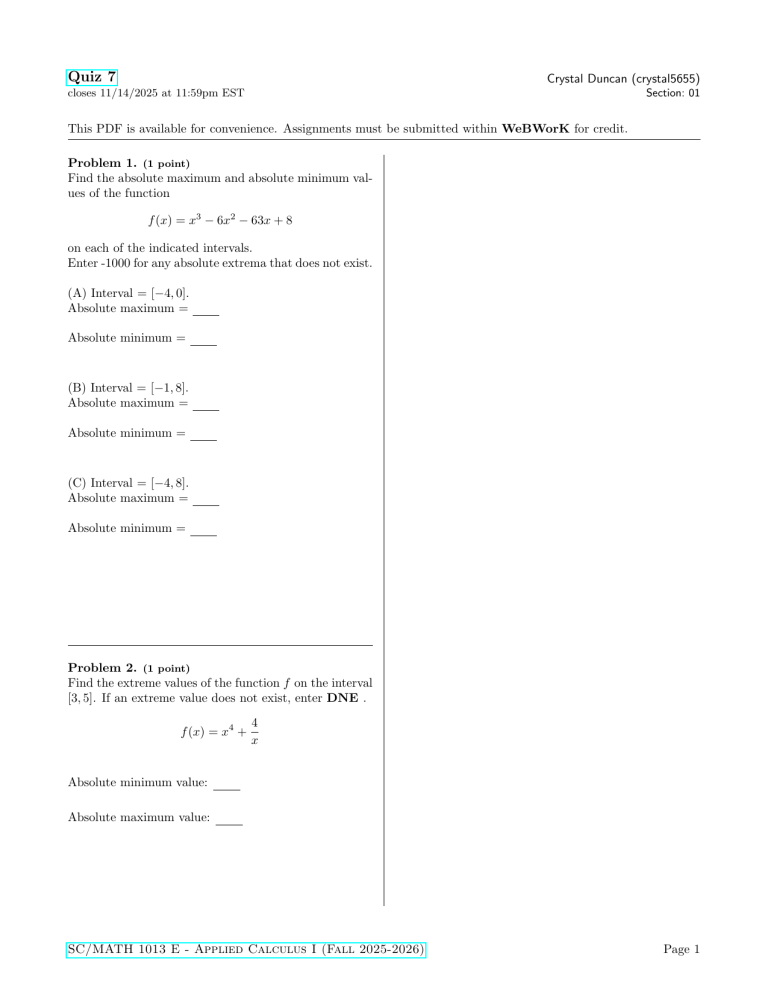 Applied Calculus I Quiz 7: Extrema, Concavity, Derivatives