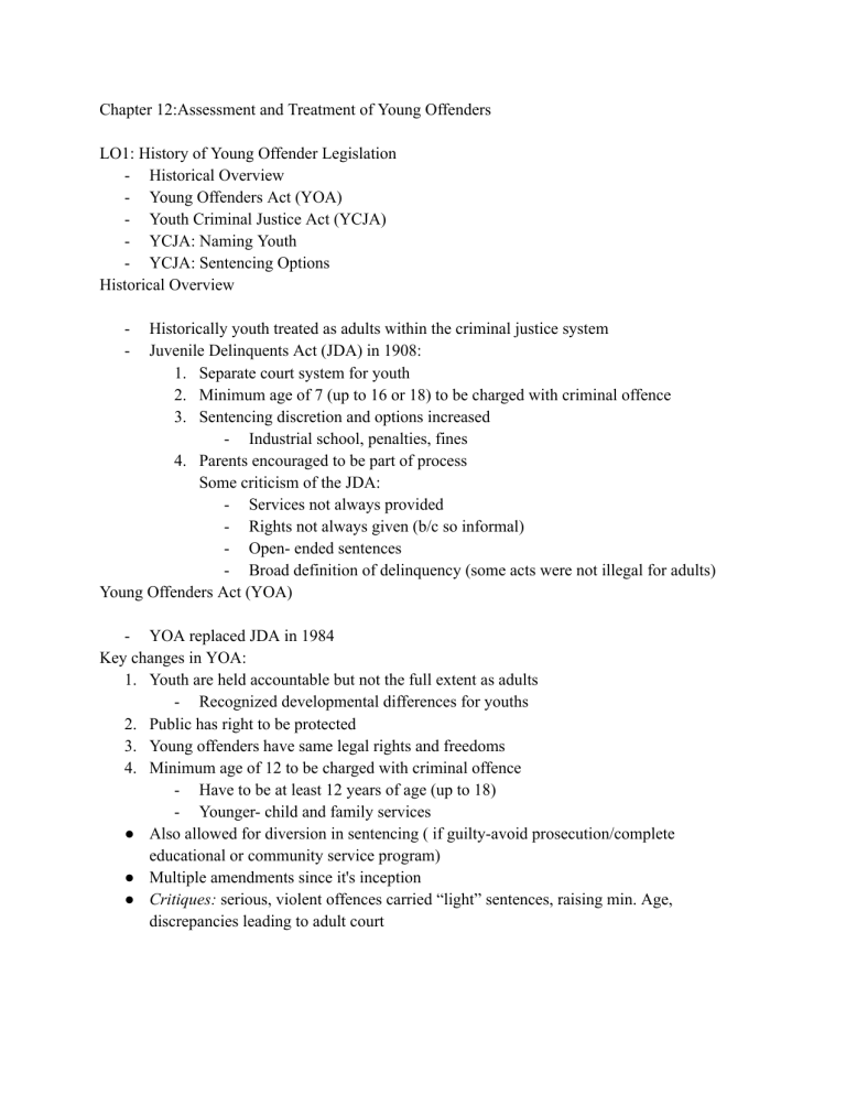 Young Offender Legislation: JDA, YOA, YCJA History & Treatment