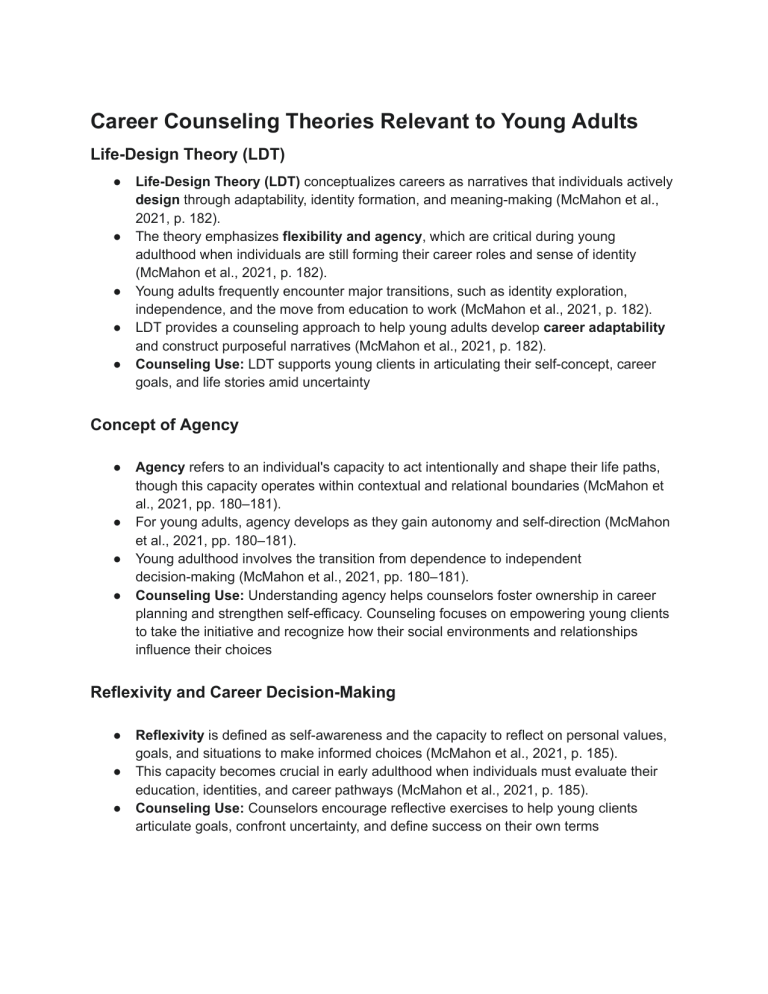 Career Counseling Theories for Young Adults: LDT, SCCT, Super's Model